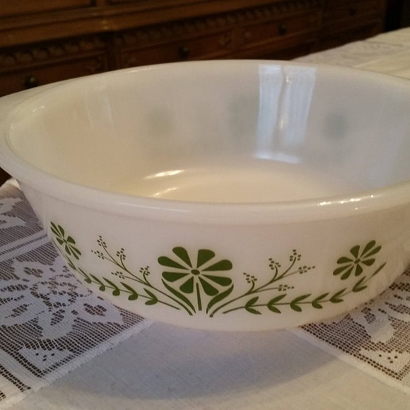 Vintage | Kitchen | Vintage Milk Glass Glasbake Green Flower Baker ...